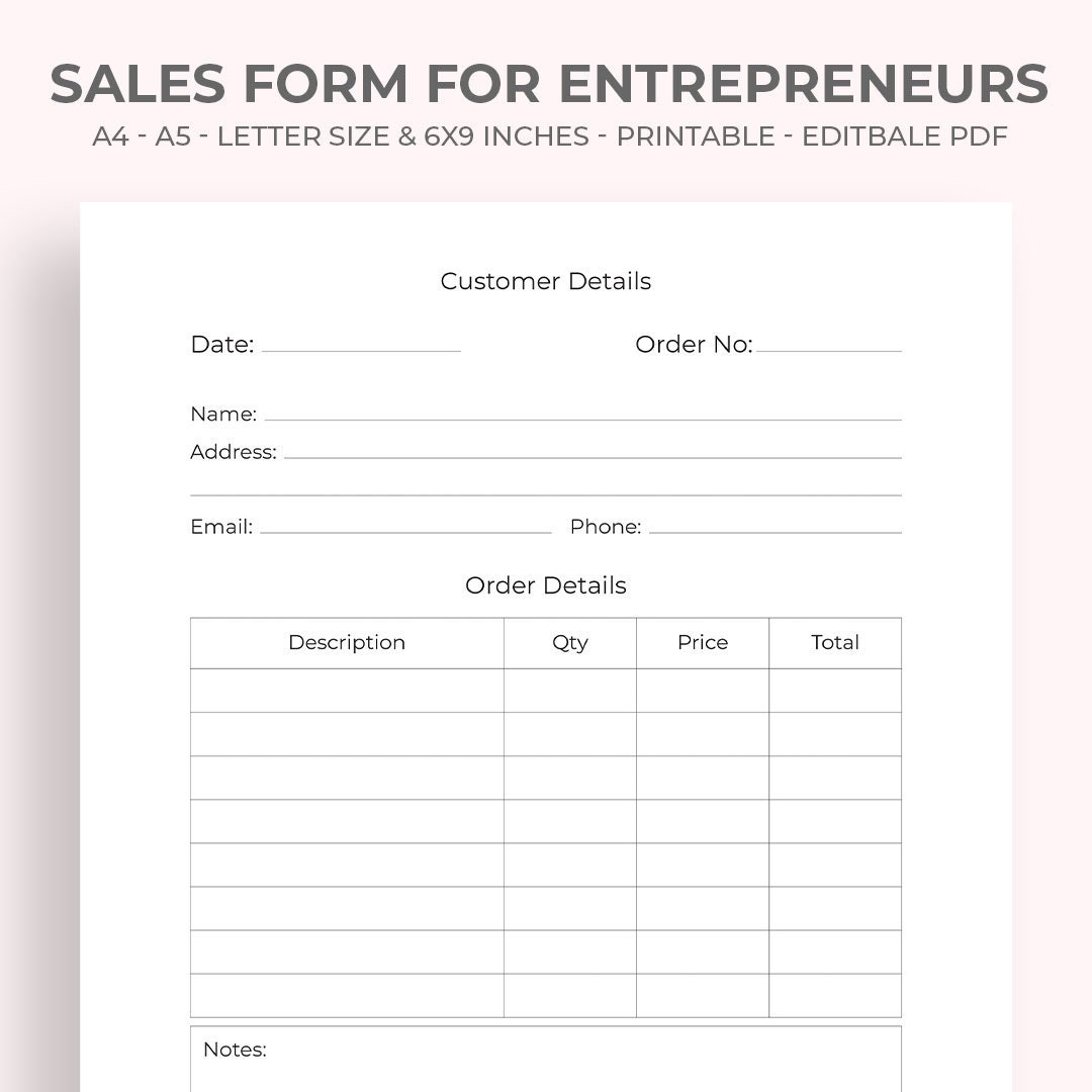 Sales Form for Entrepreneurs, Printable Sales Form, Sales Tracker ...
