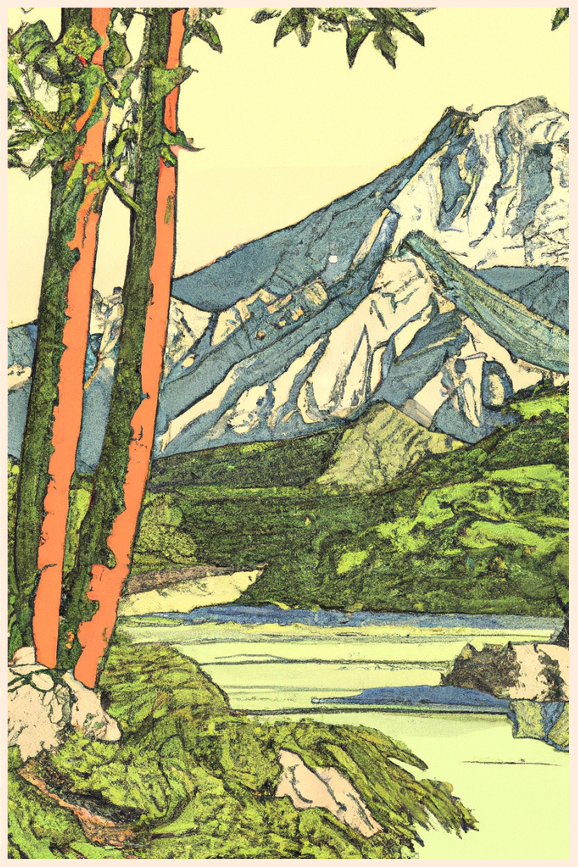 Japanese Mountains Behind Forest - Japanese Vintage Ukiyo-e Style Art ...