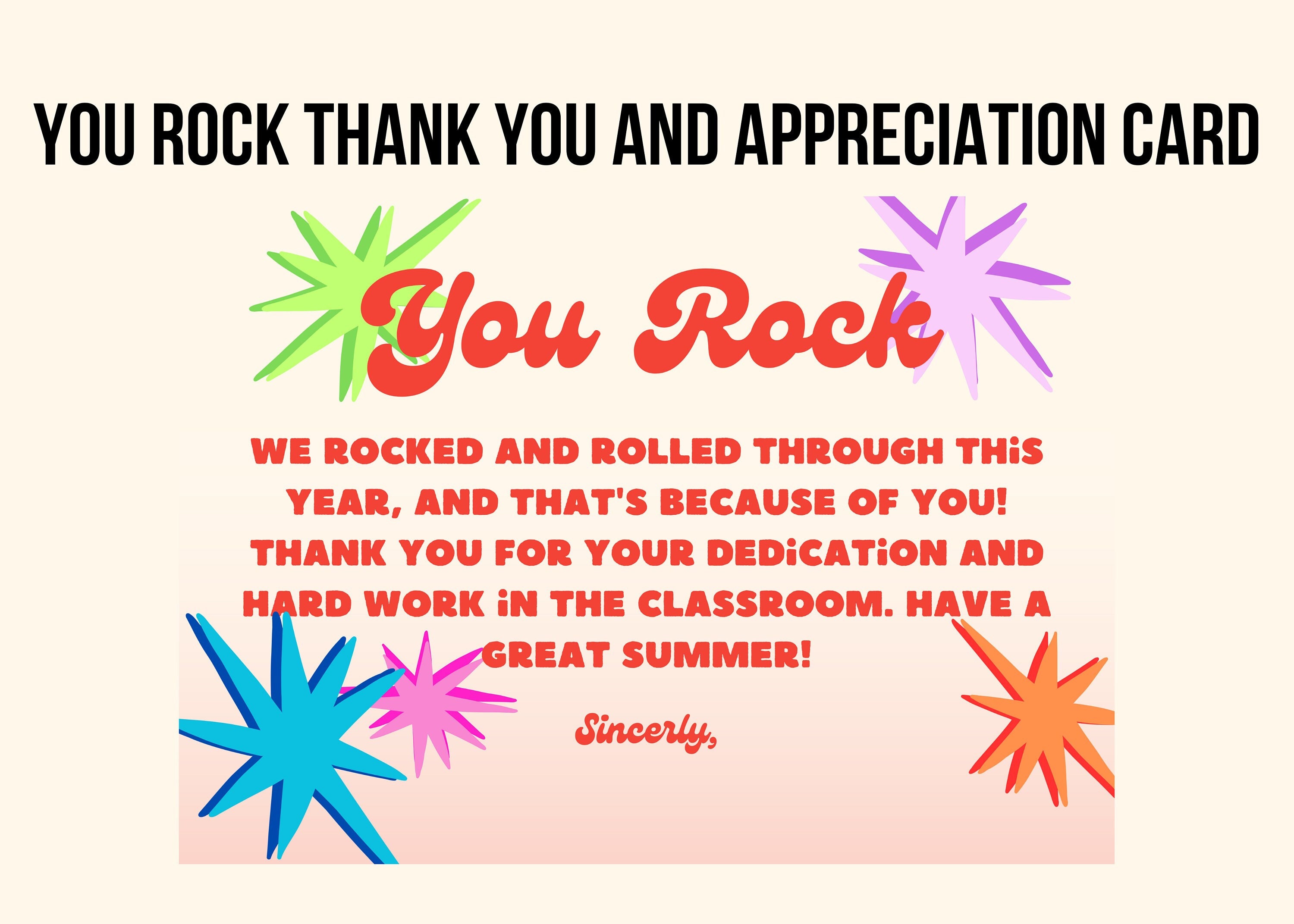 You Rock Thank You Card Teacher Appreciation Template Editable ...