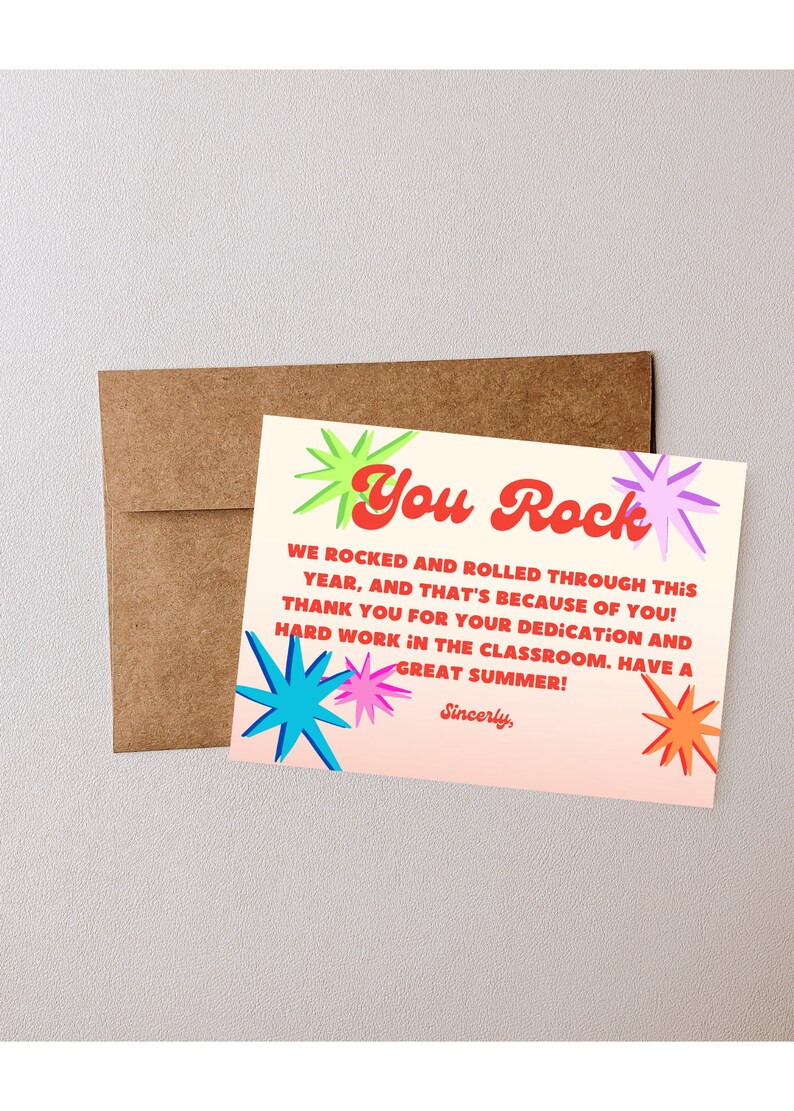 You Rock Thank You Card Teacher Appreciation Template Editable ...
