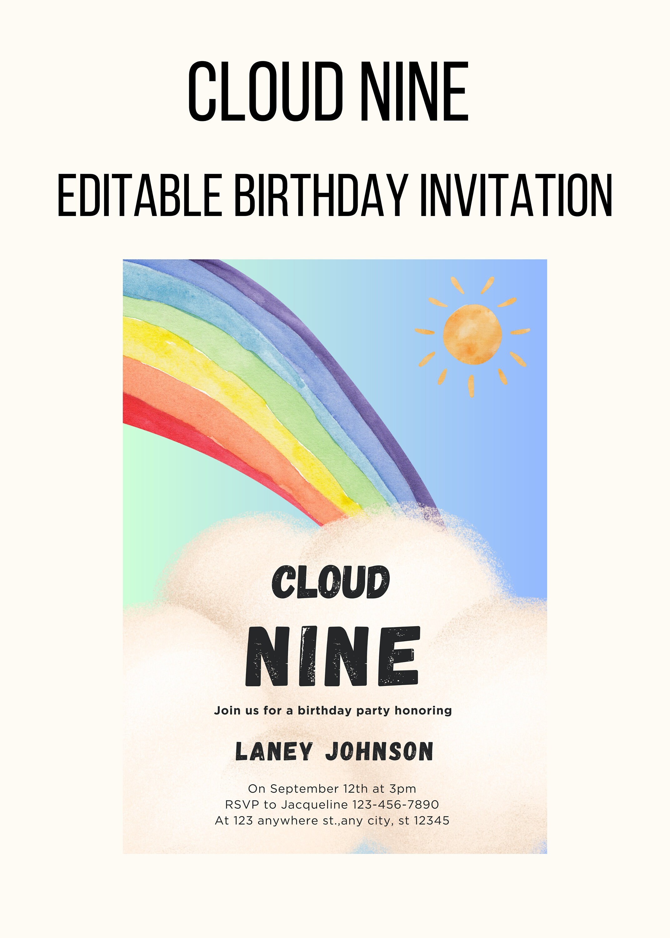 Cloud Birthday Childs Invitation Nine Age Editable Rainbow Sun Child ...