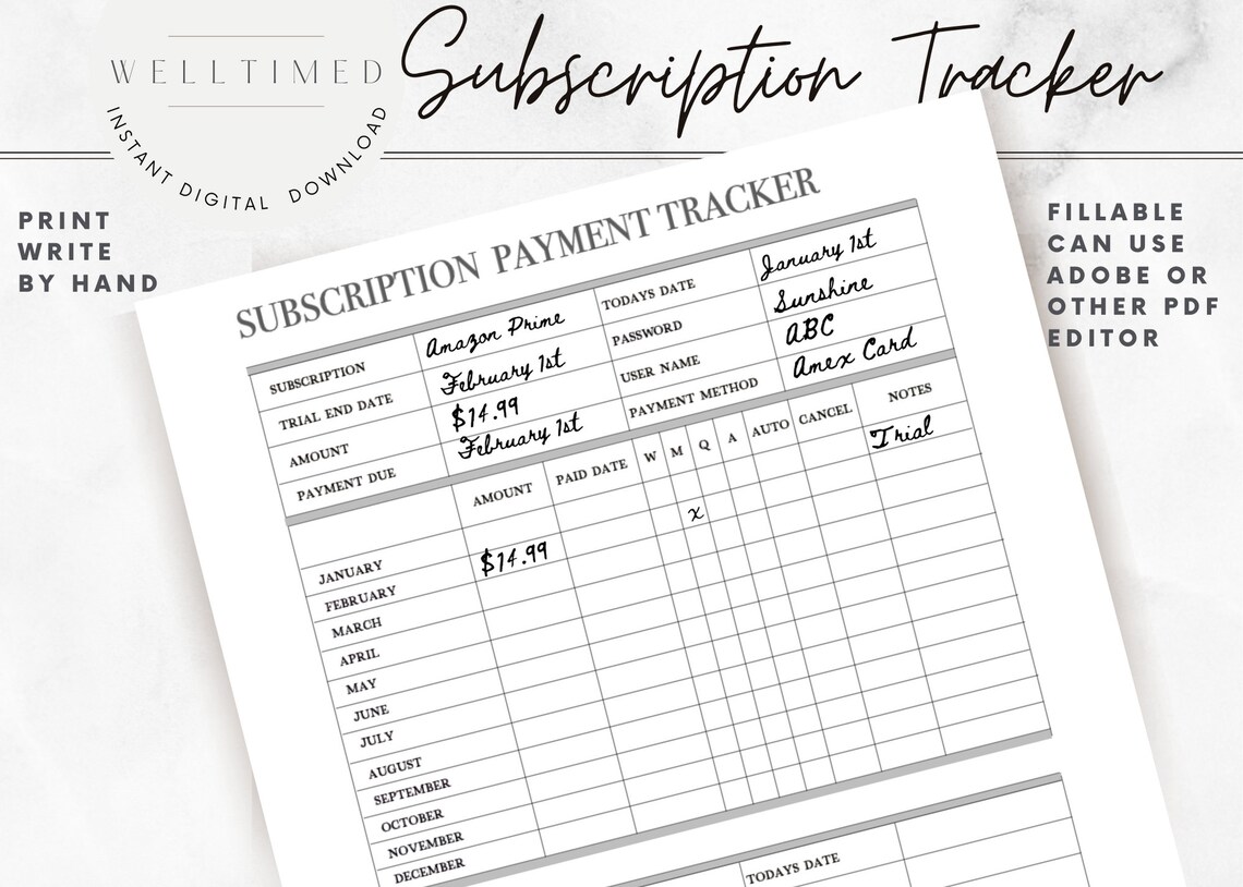 Subscription Tracker Printable, Expense Tracker, Subscription Printable ...