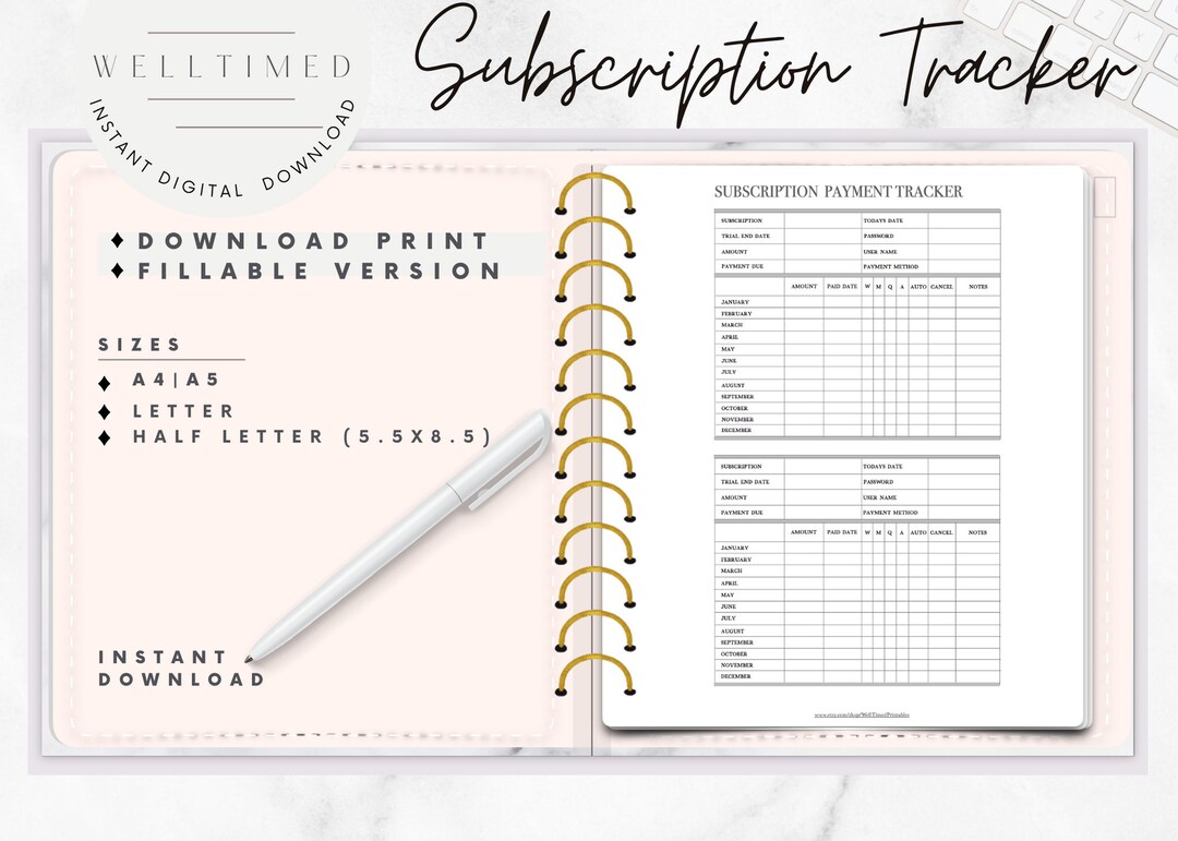 Subscription Tracker Printable, Expense Tracker, Subscription Printable ...