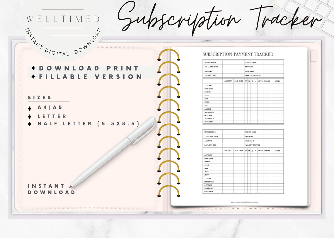 Subscription Tracker Printable, Expense Tracker, Subscription Printable ...