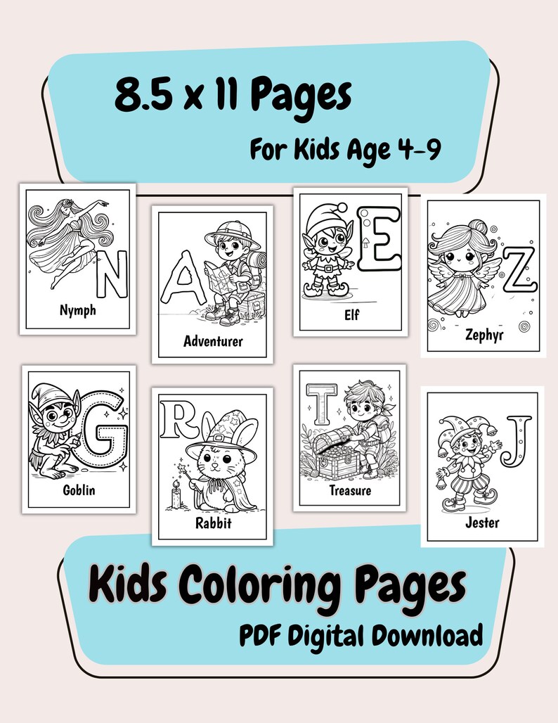 Kids ABC Coloring Book Pages for Digital Download Fantasy Theme Kids ...