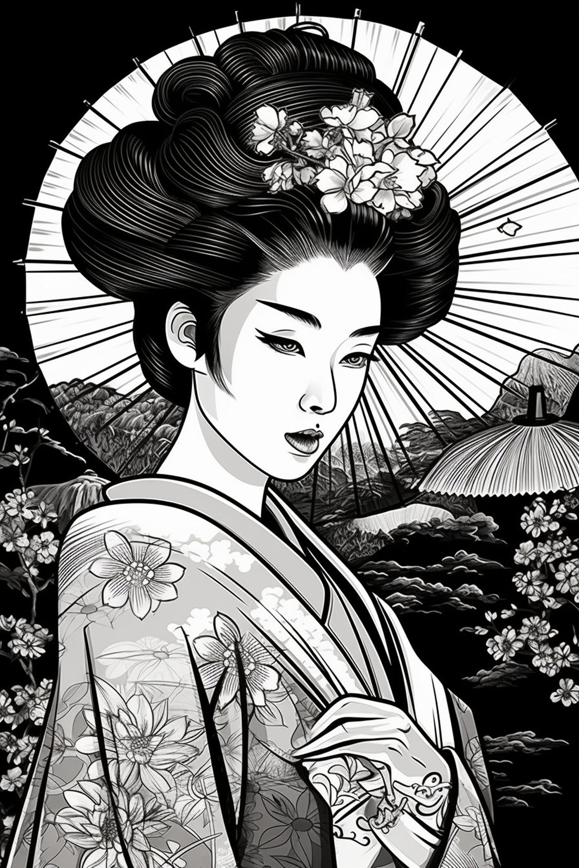 20 Japanese Geisha Digital Coloring Book, Traditional Geisha Dress ...