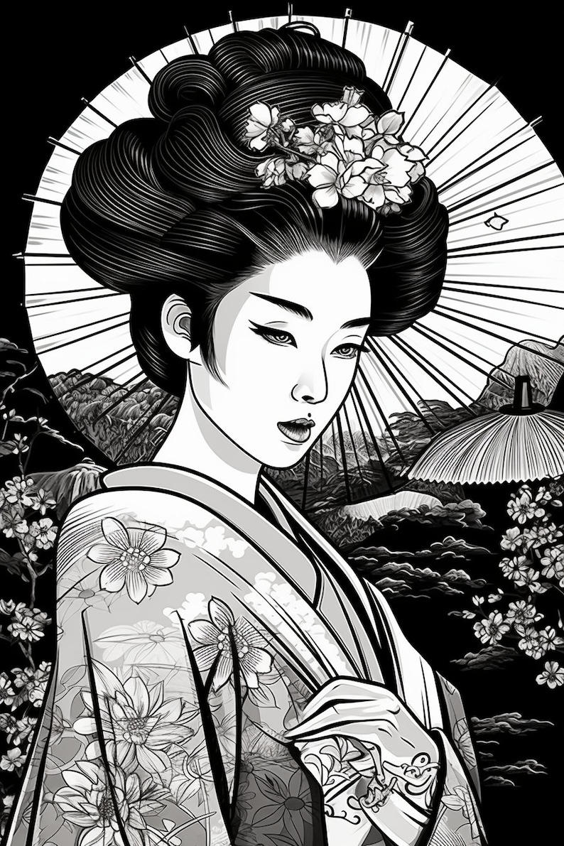 20 Japanese Geisha Digital Coloring Book, Traditional Geisha Dress ...