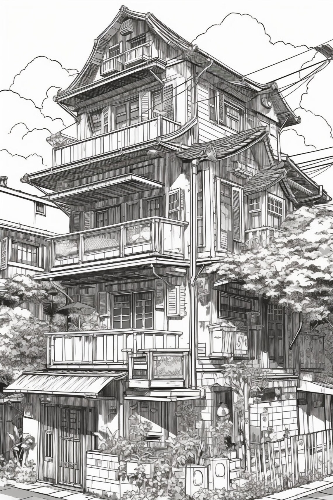 Manga Houses Coloring Book, Adults Instant Download grayscale Coloring ...