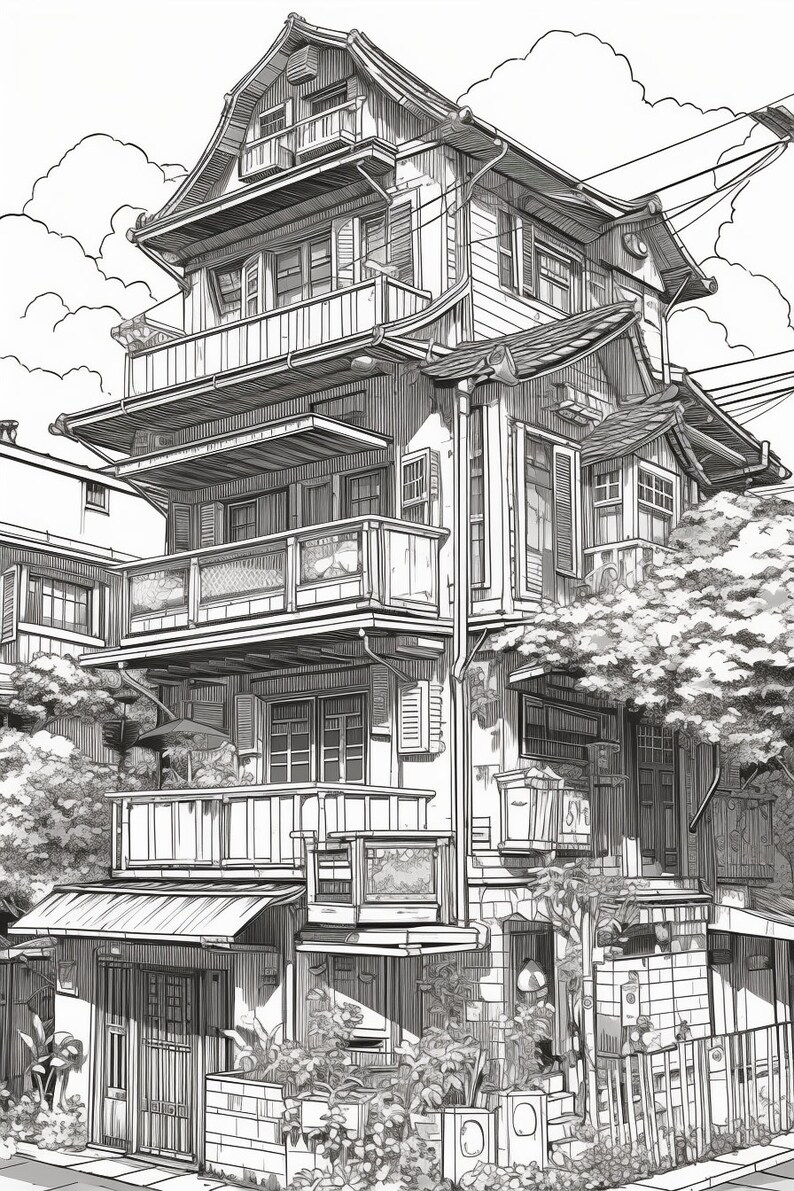 Manga Houses Coloring Book, Adults Instant Download grayscale Coloring ...