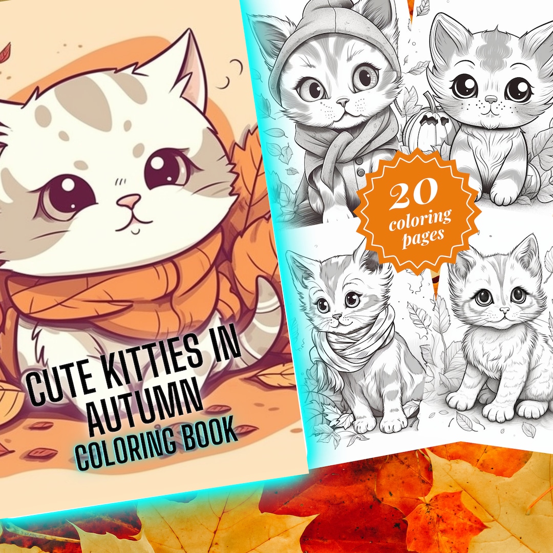 20 Baby Kittens, Autumn Coloring Page Book, Adults, Kids- Instant ...