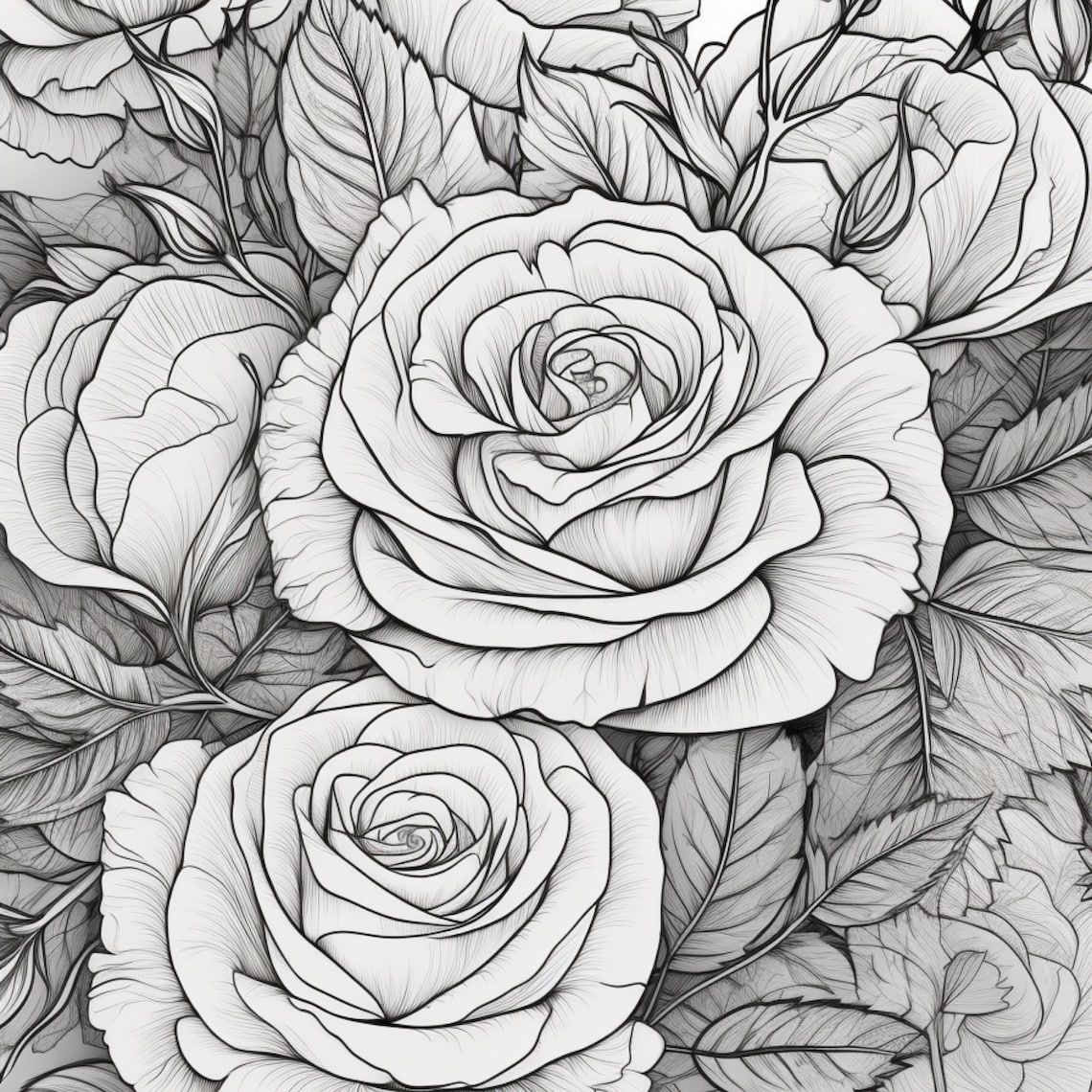 Rose Coloring Page, Adults + Kids- Instant Download - Grayscale ...