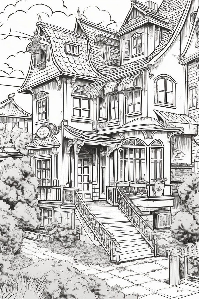 Manga Houses Coloring Book, Adults Instant Download grayscale Coloring ...