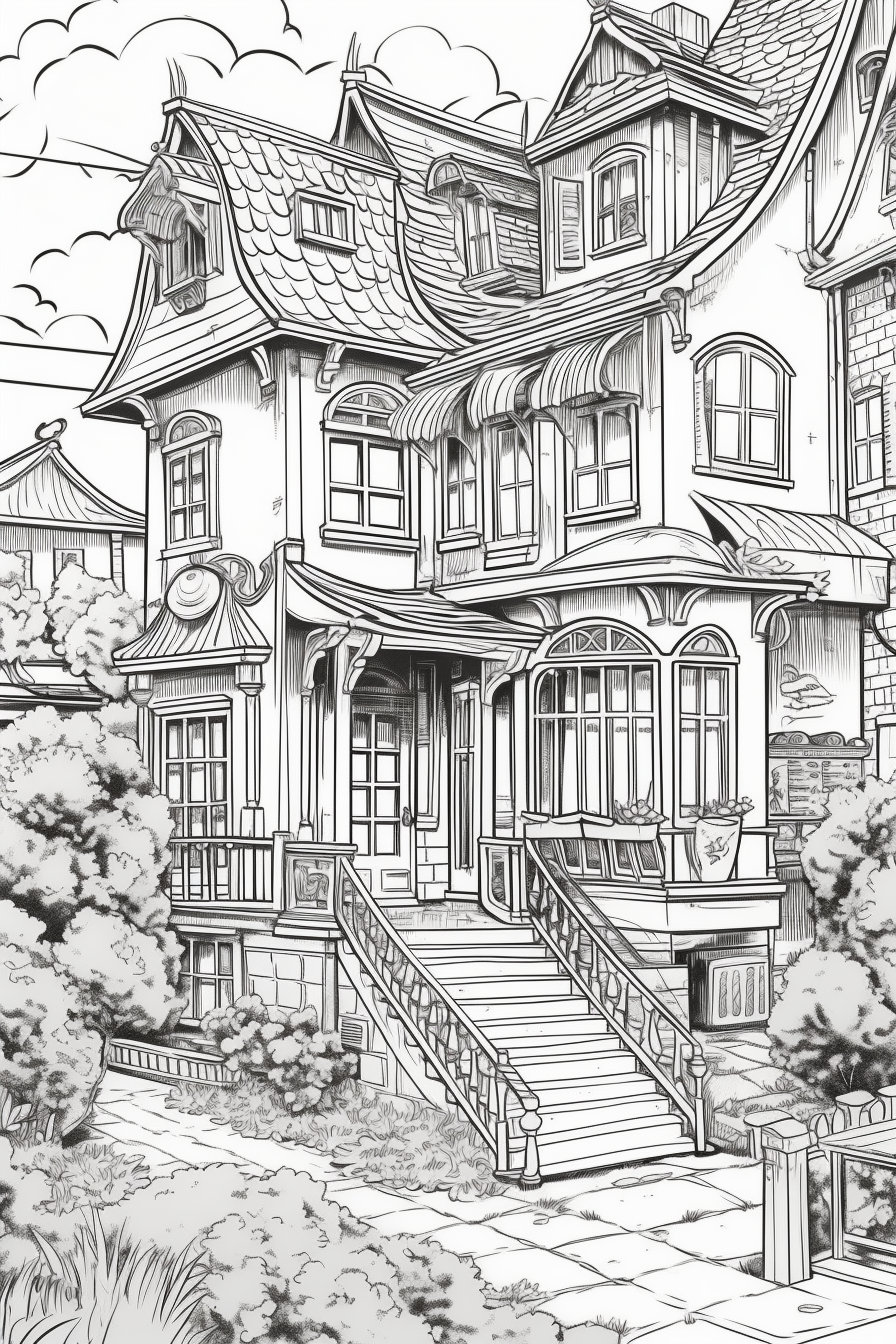 Manga Houses Coloring Book, Adults Instant Download grayscale Coloring ...