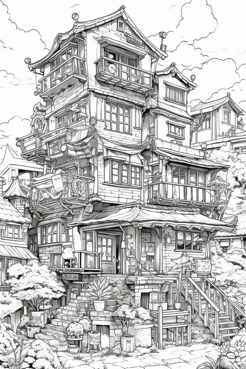 Manga Houses Coloring Book, Adults Instant Download grayscale Coloring ...