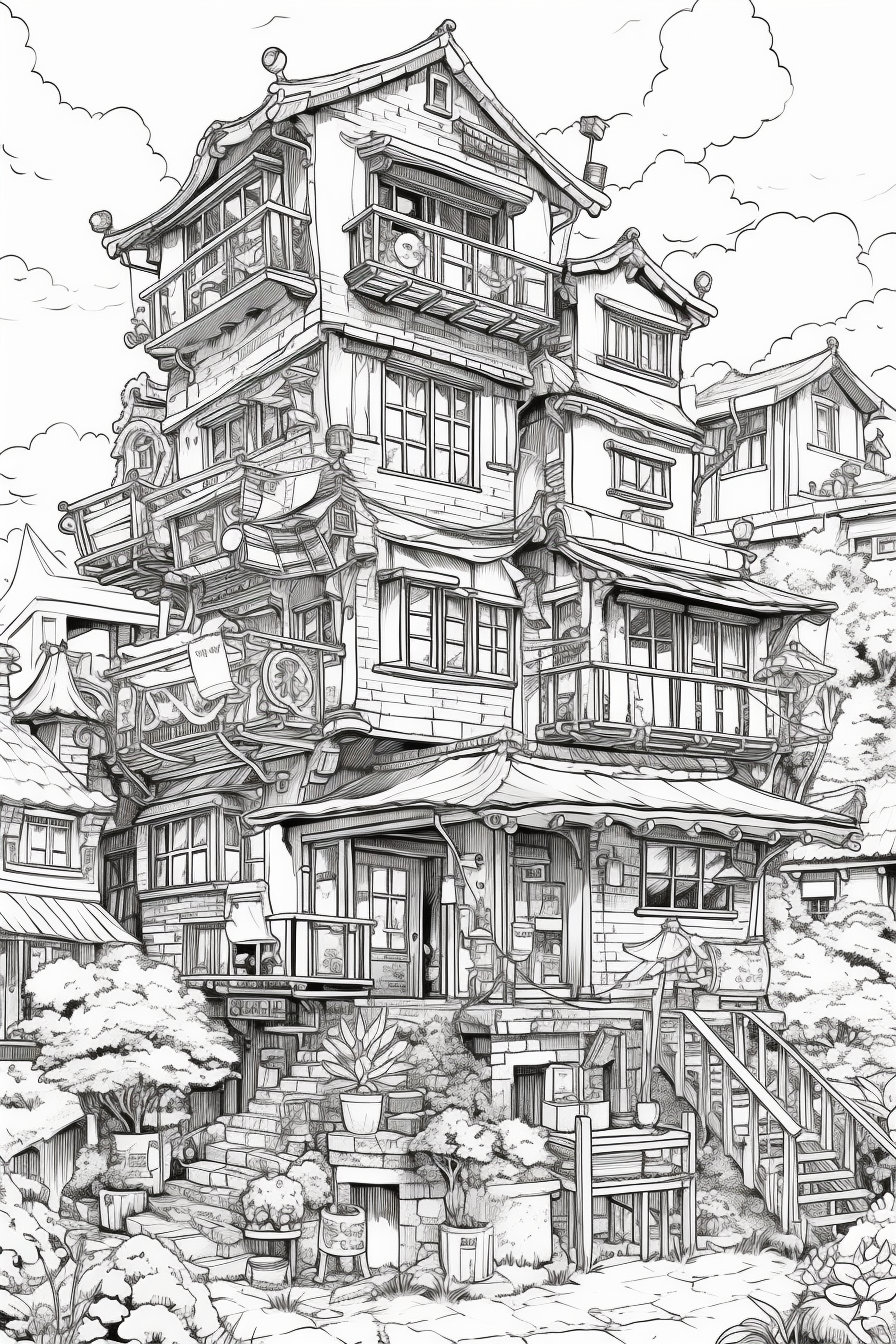 Manga Houses Coloring Book, Adults Instant Download grayscale Coloring ...