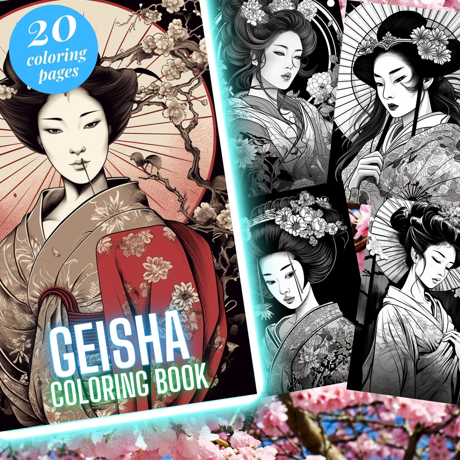 20 Japanese Geisha Digital Coloring Book, Traditional Geisha Dress ...