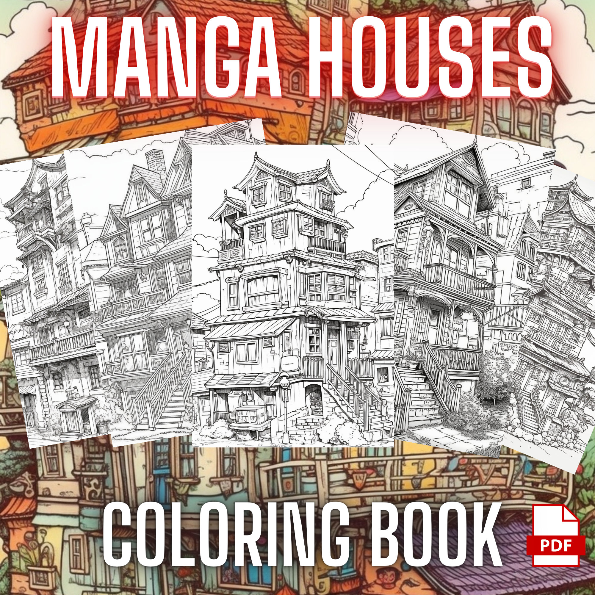 Manga Houses Coloring Book, Adults Instant Download grayscale Coloring ...
