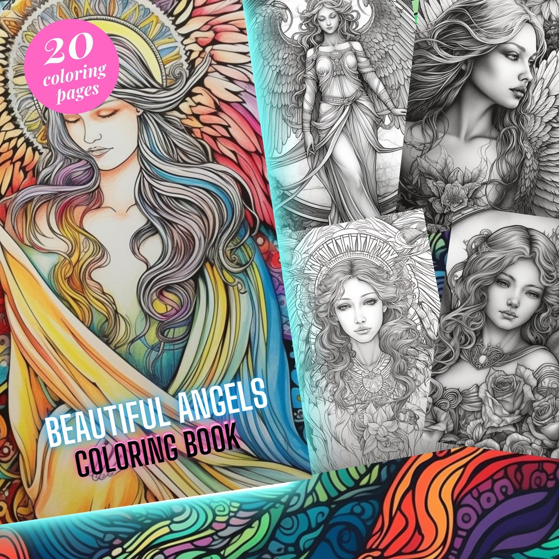 Beautiful Angel Fantasy Coloring Page, Adults + Kids Instant Download ...