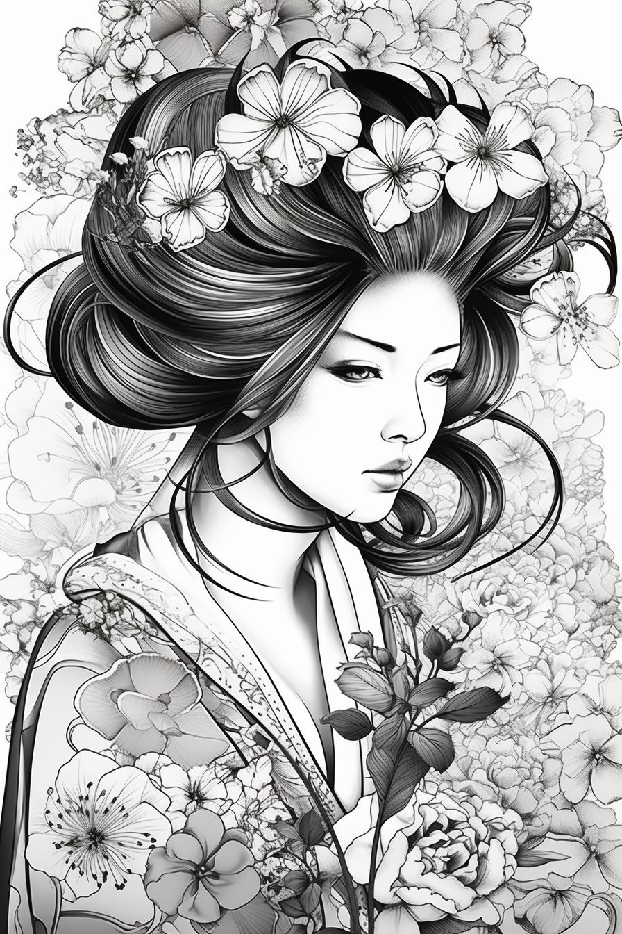 20 Japanese Geisha Digital Coloring Book, Traditional Geisha Dress ...
