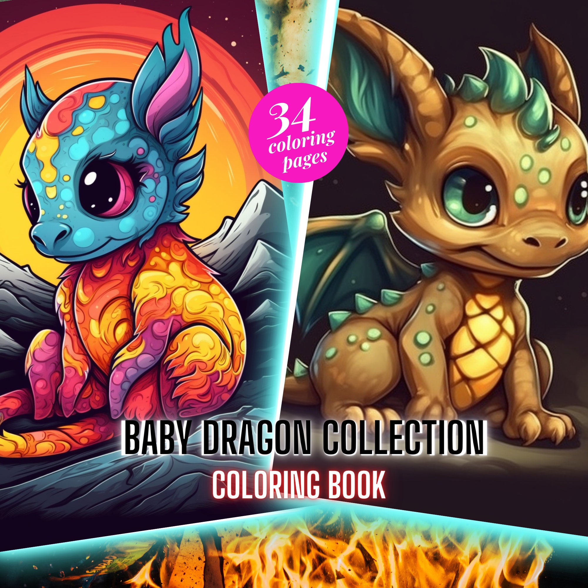 Baby Dragon Fantasy Coloring Bundle Page Book Adults Kids - Etsy