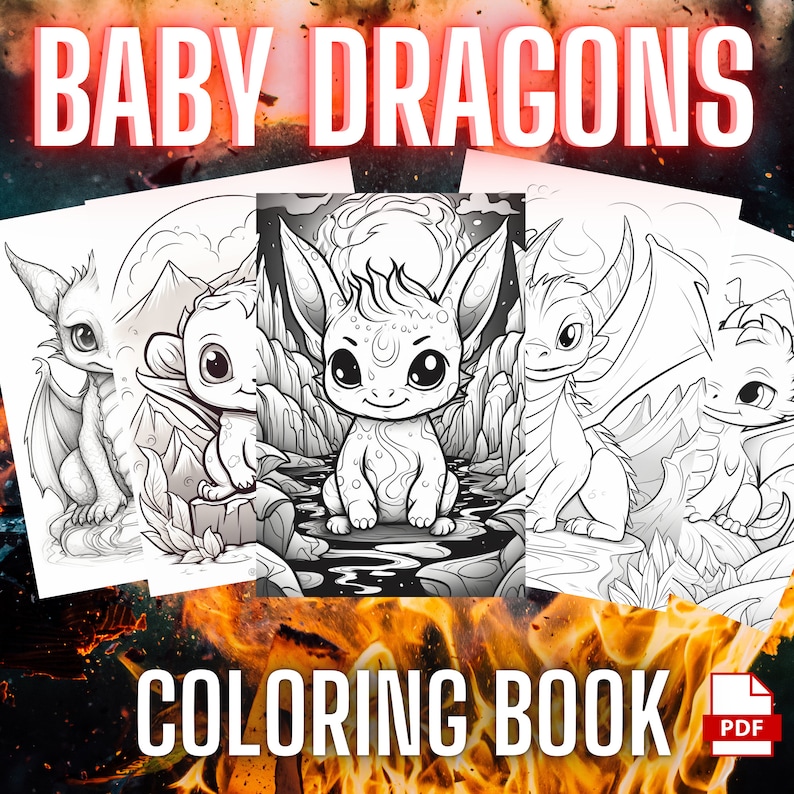 Baby Dragon Fantasy Coloring Page Book, Adults + Kids- Instant Download ...