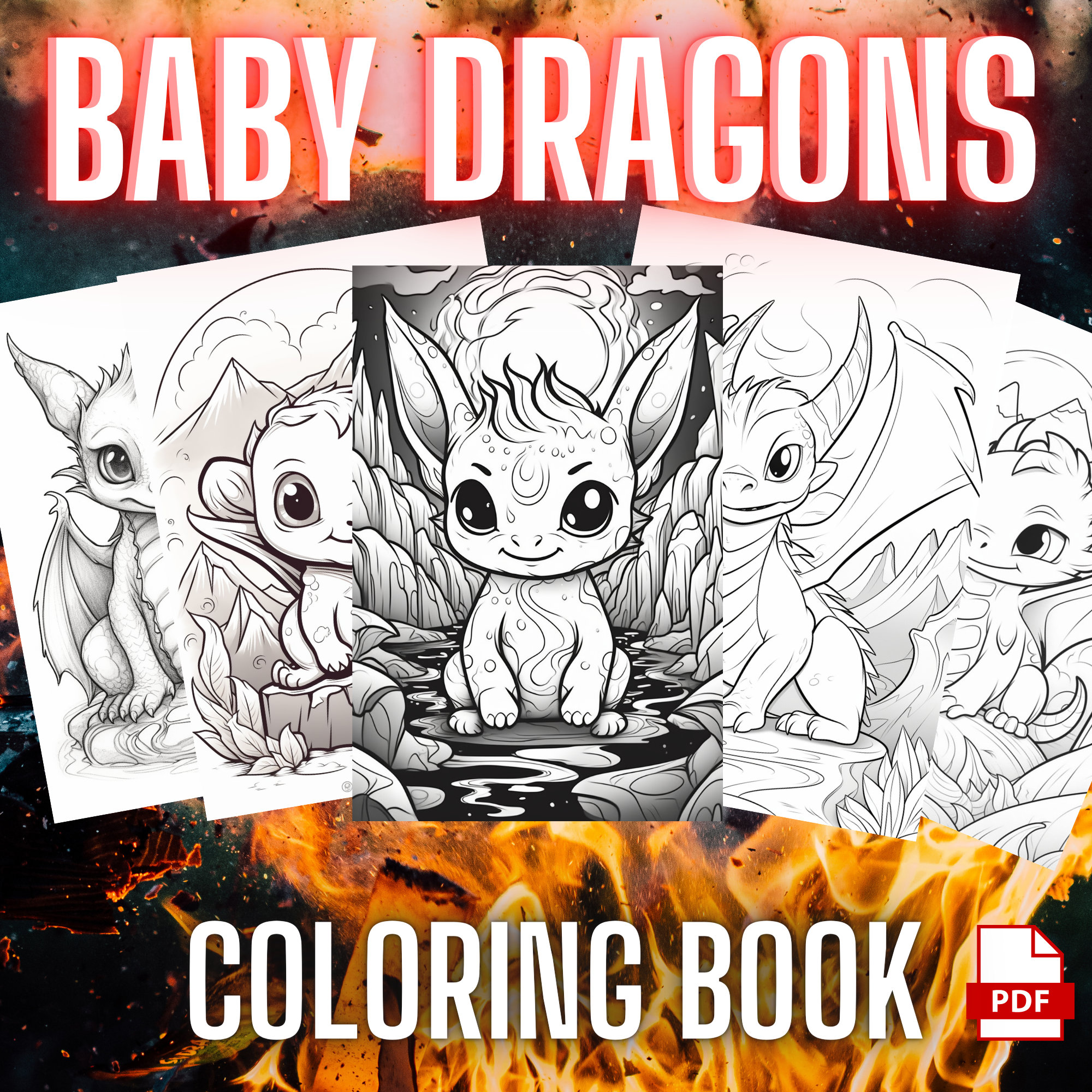 Baby Dragon Fantasy Coloring Page Book, Adults + Kids- Instant Download ...