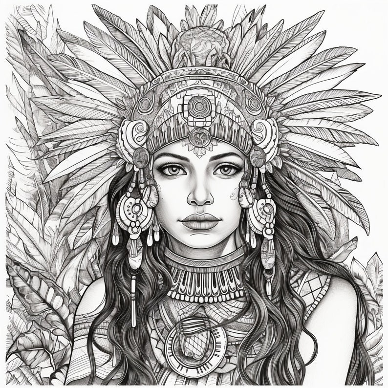 40 Aztec Warriors and Beautiful Aztec Princesses Coloring Book - Adult ...