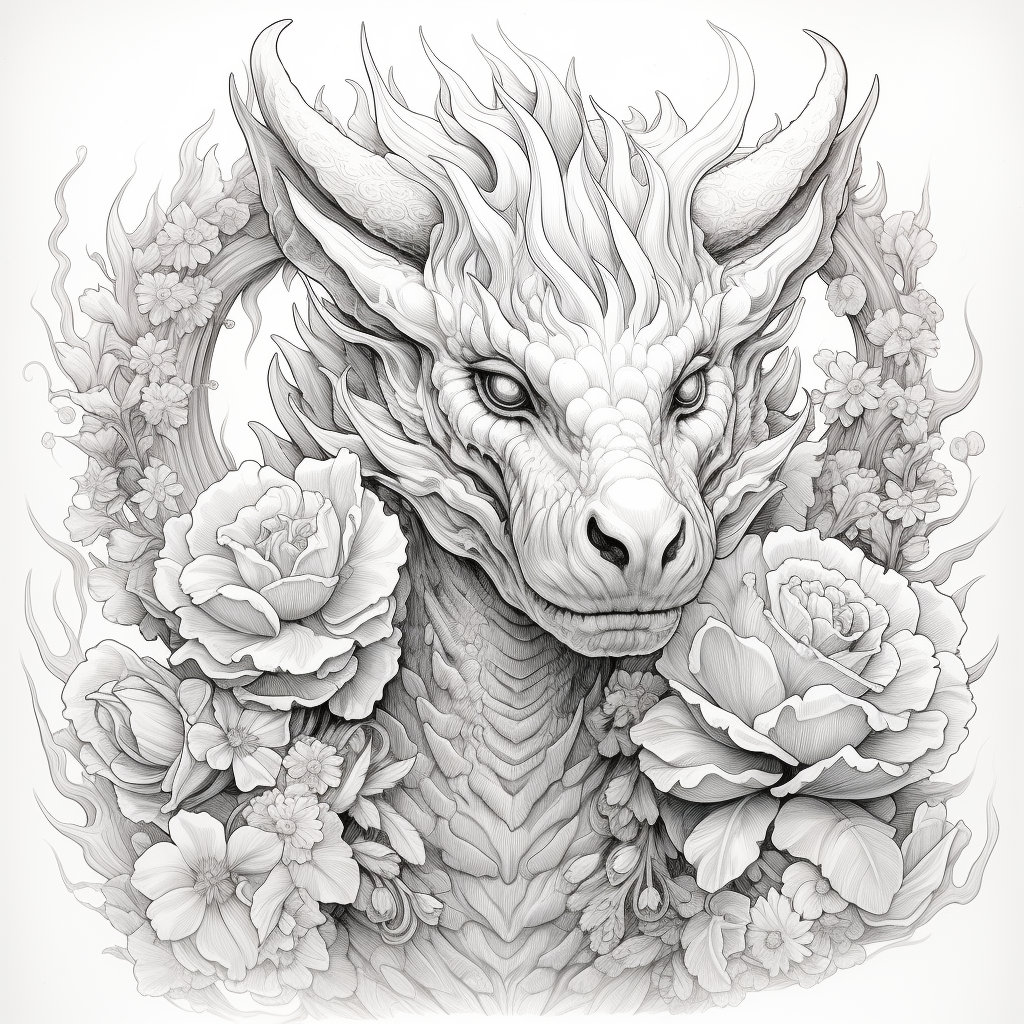 20 Flower Dragon Fantasy Coloring Page Book, Adults Kids Instant ...