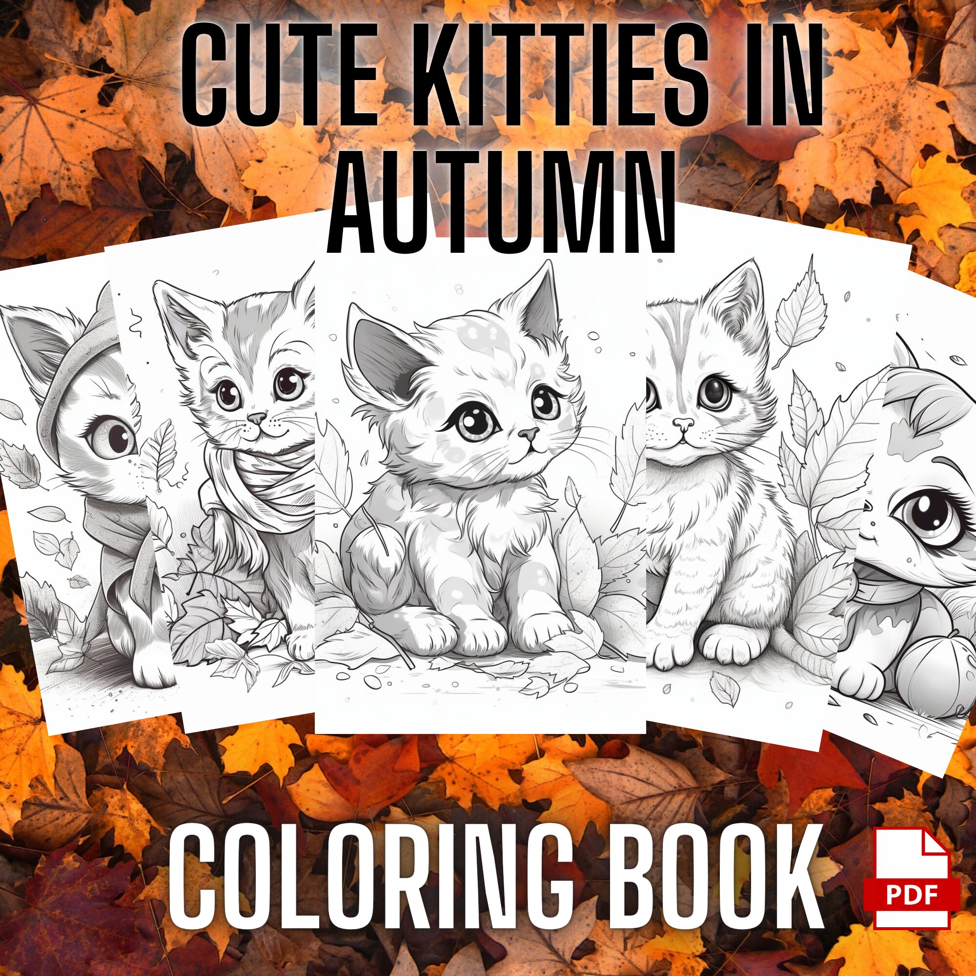20 Baby Kittens, Autumn Coloring Page Book, Adults, Kids- Instant ...