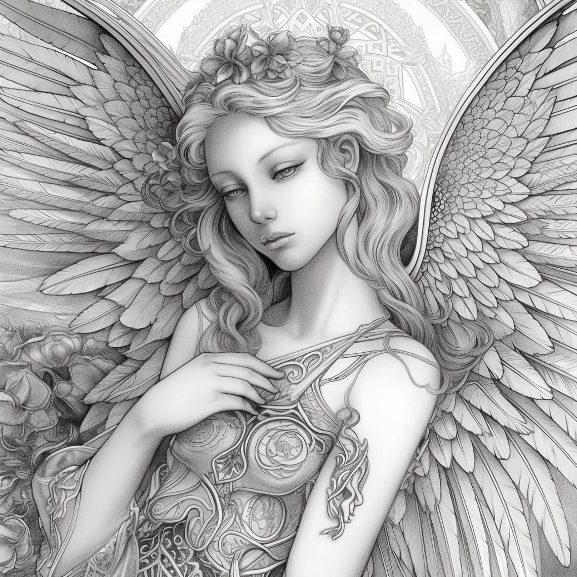 Beautiful Angel Fantasy Coloring Page, Adults Kids Instant Download ...