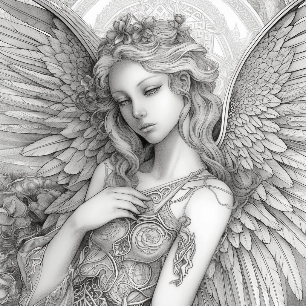 Beautiful Angel Fantasy Coloring Page, Adults + Kids Instant Download ...