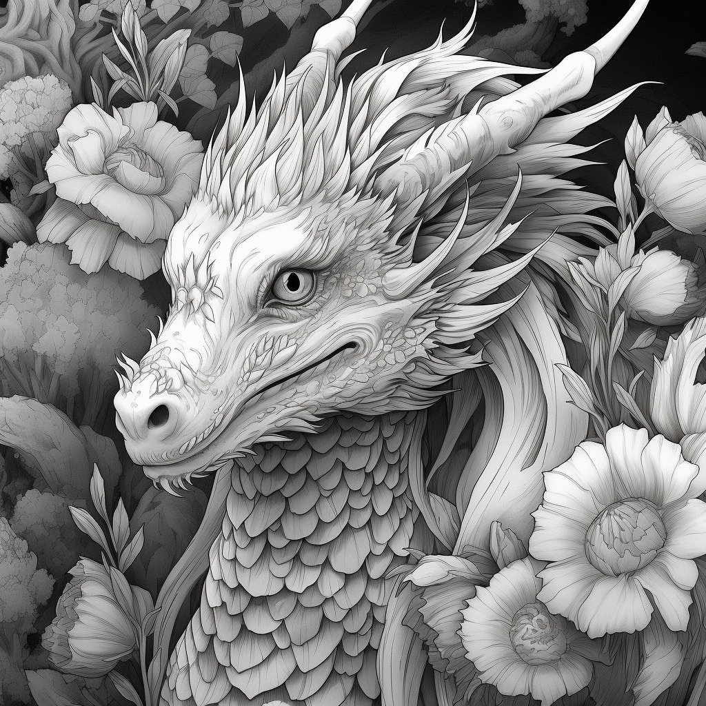 20 Flower Dragon Fantasy Coloring Page Book, Adults Kids Instant ...