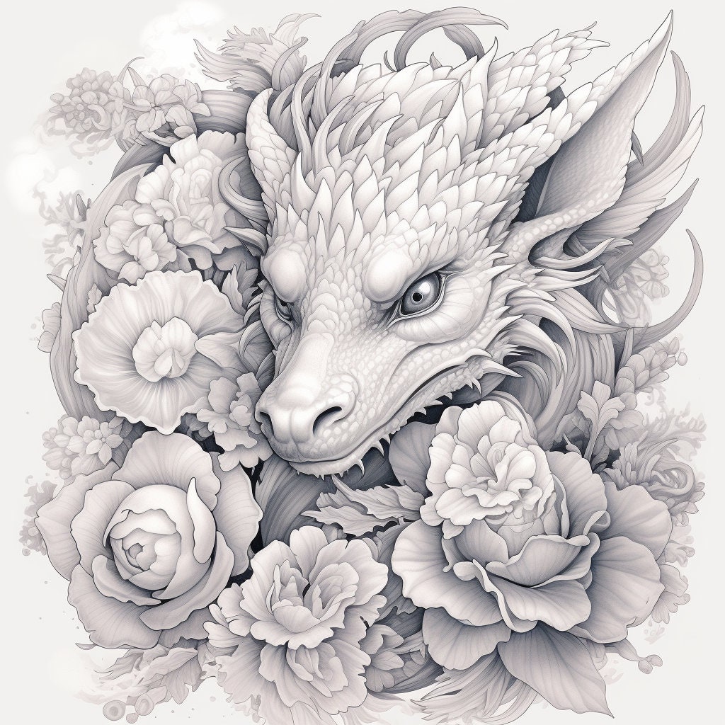 20 Flower Dragon Fantasy Coloring Page Book, Adults Kids Instant ...