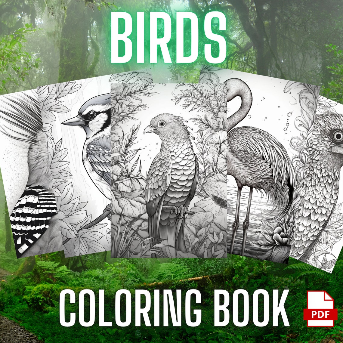 Bird Coloring Pages: Beautiful Birds Adult Coloring Book | 20 Digital ...