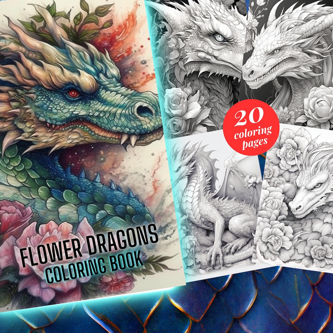 20 Flower Dragon Fantasy Coloring Page Book, Adults + Kids- Instant ...