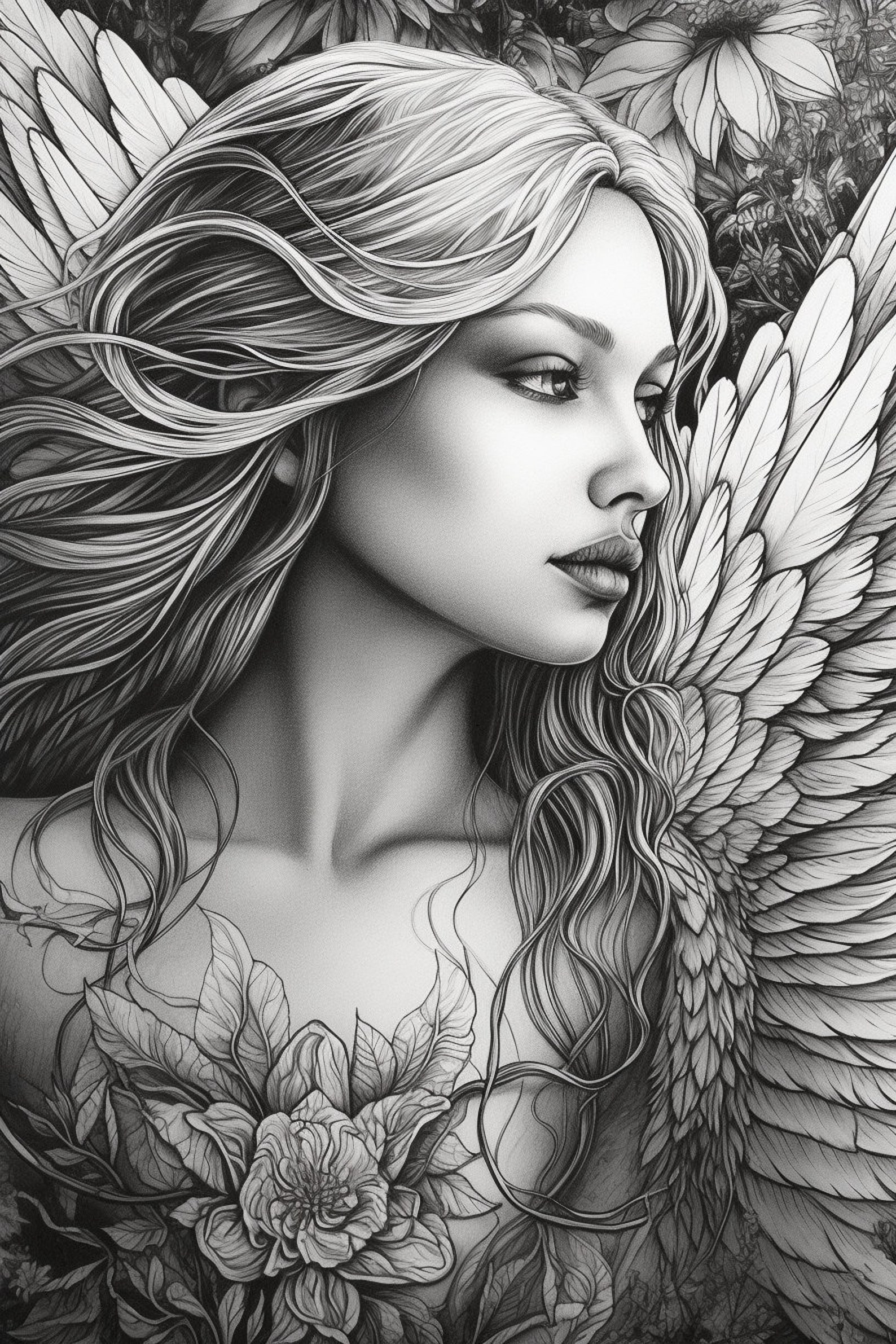 Beautiful Angel Fantasy Coloring Page, Adults + Kids Instant Download ...