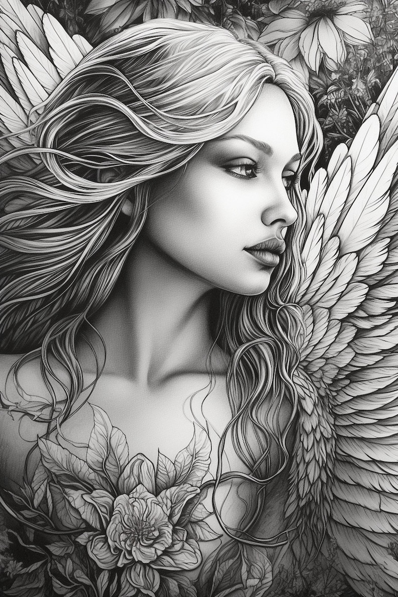 Beautiful Angel Fantasy Coloring Page, Adults + Kids Instant Download ...
