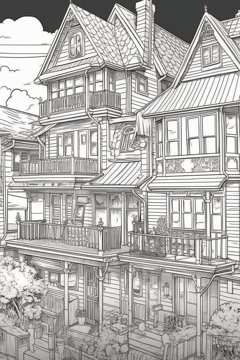 Manga Houses Coloring Book, Adults Instant Download grayscale Coloring ...