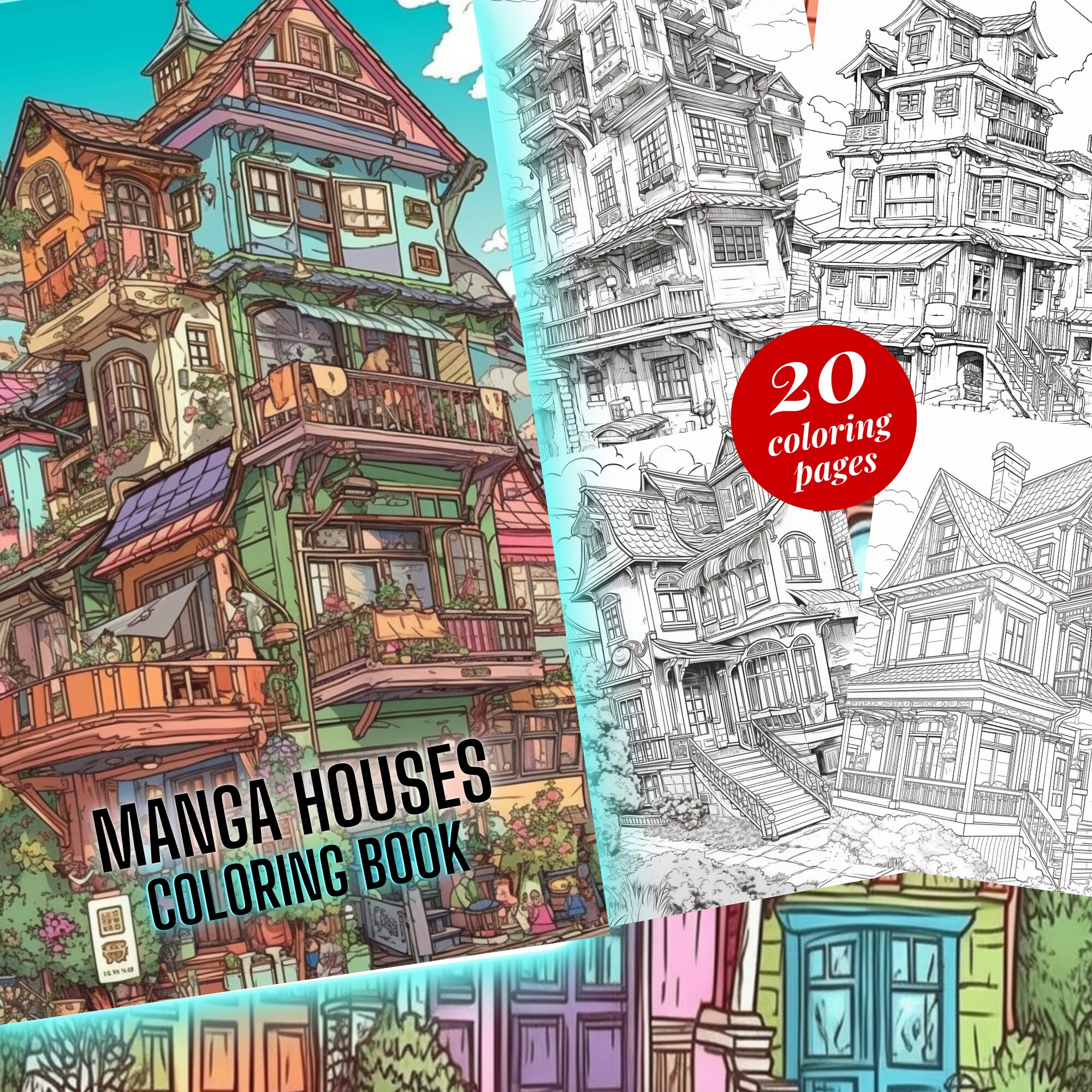 Manga Houses Coloring Book, Adults Instant Download grayscale Coloring ...