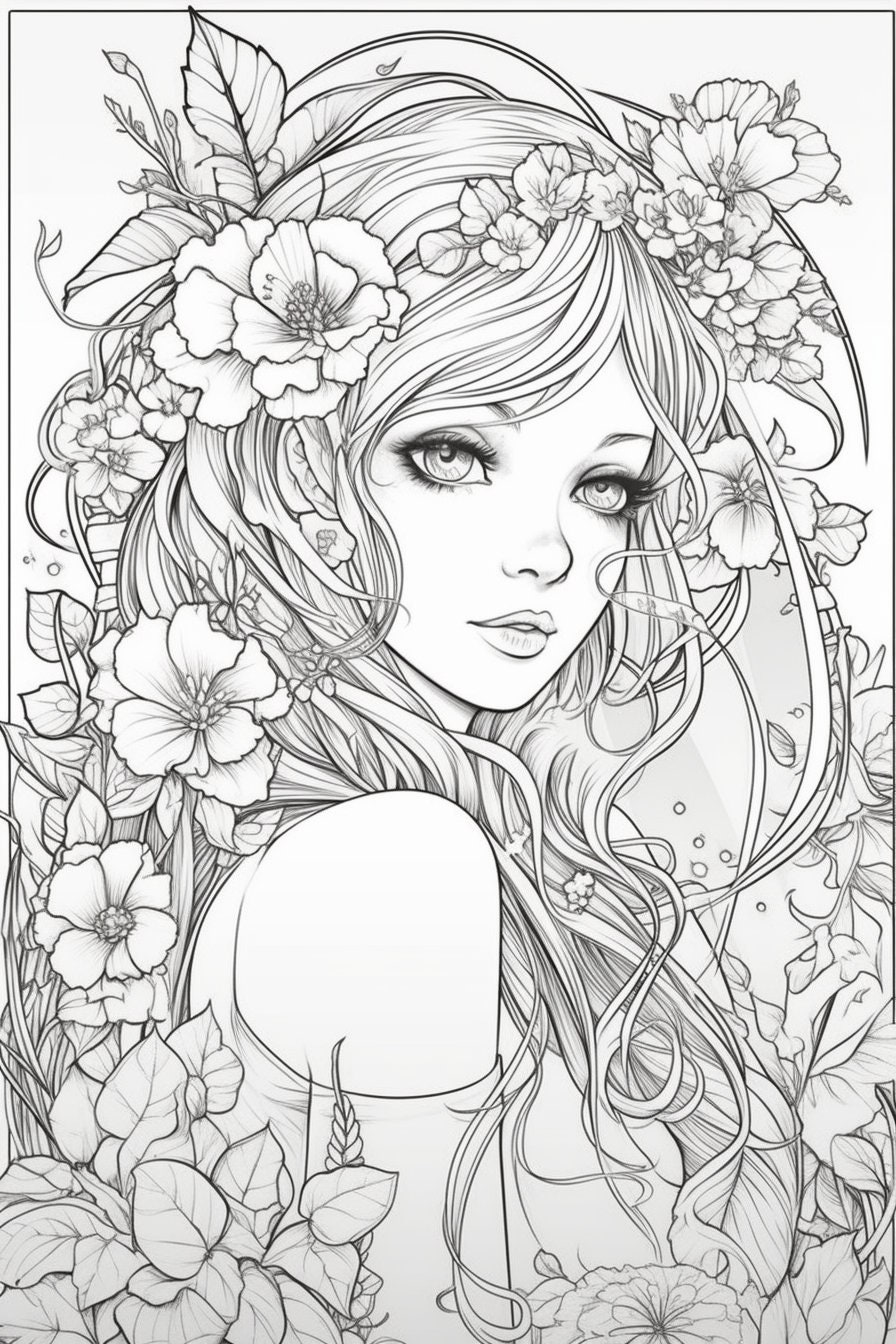 Cute Forest Fairy Girls Fantasy Anime Coloring Page, Adults Kids ...