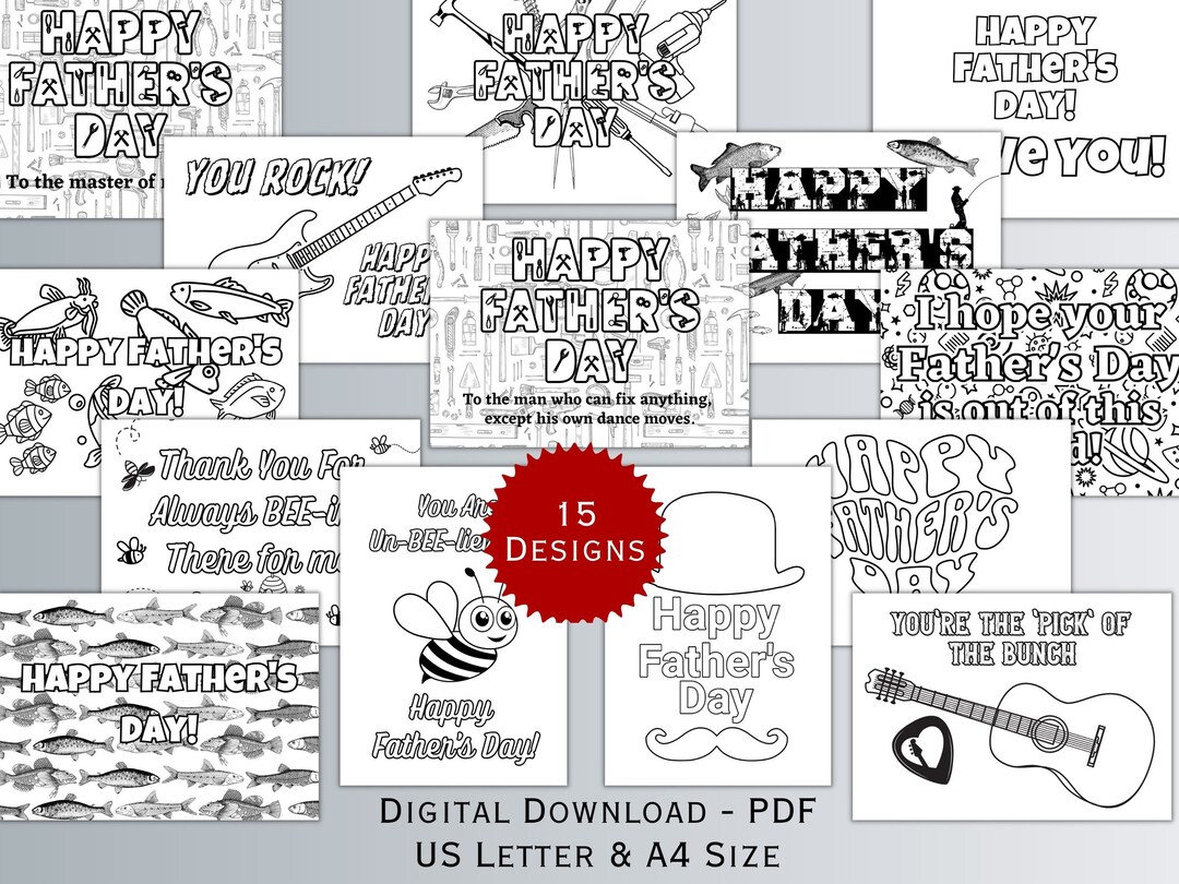 Printable Father's Day Coloring Card Bundle, Dad Gift Diy Card Fathers ...