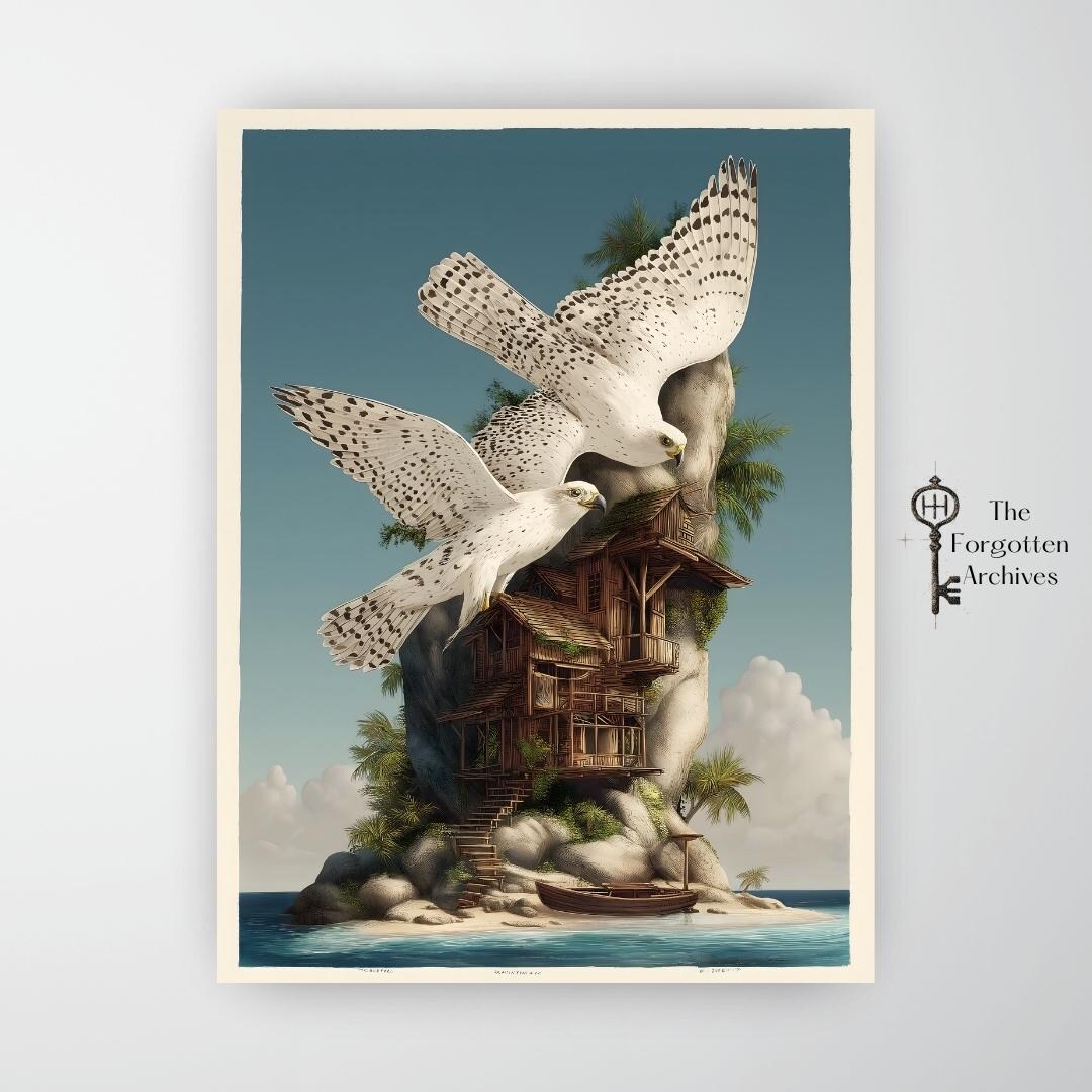 Falcons Over Cliffside House Poster – Vintage Inspired Naturalist ...