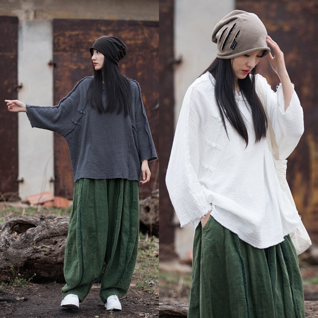 DOUBLE-LAYERED COTTON Women Sand-washed Brushed Texture Cotton Loose ...