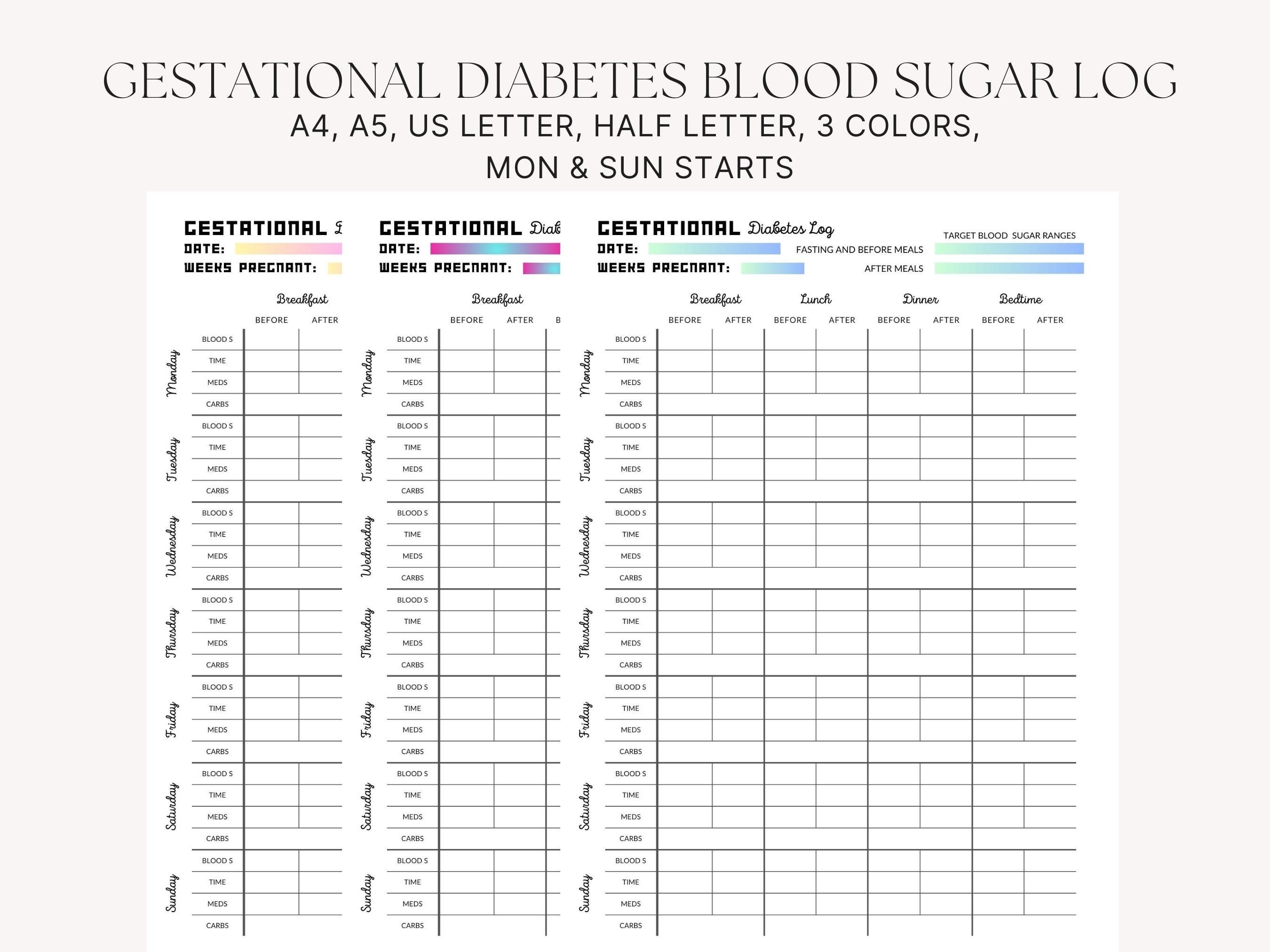 Gestational Diabetes Blood Sugar Log Printable, Weekly Blood Glucose ...