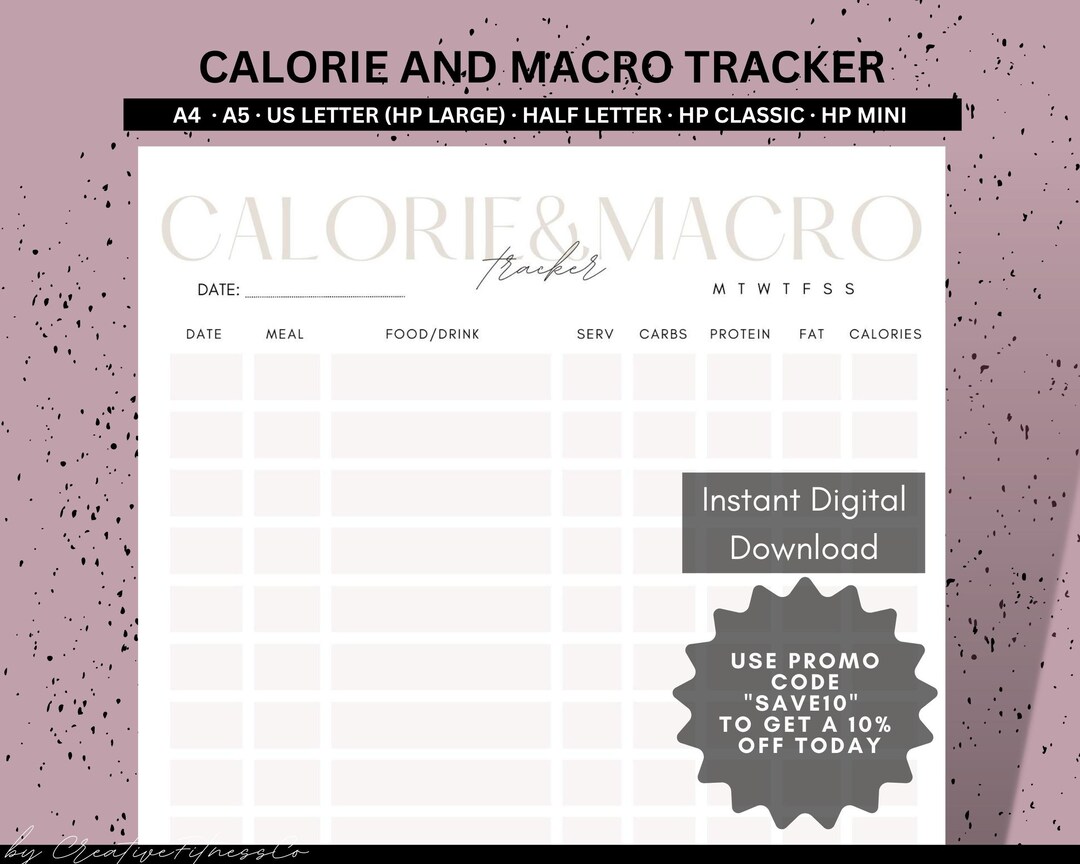 Calorie and Macronutrient Tracker, Printable Food Diary, Digital PDF ...