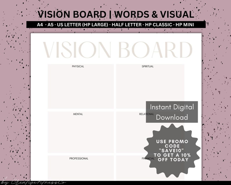 Vision Board Printable Template, Words and Visual Minimalist Worksheets ...