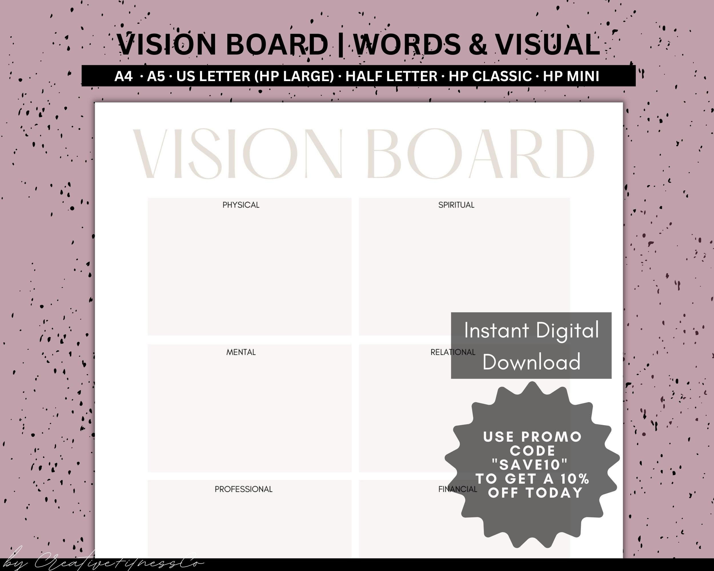 Vision Board Printable Template, Words and Visual Minimalist Worksheets ...