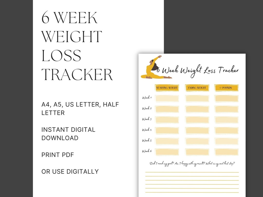6 Week Weight Loss Printable Tracker Yellow, Track Weekly Weightloss ...