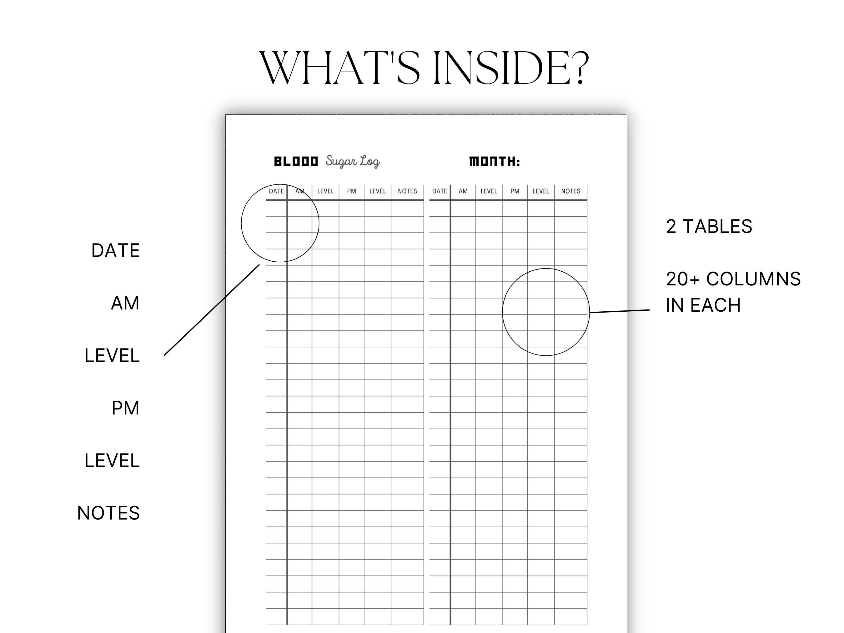 Simple Blood Sugar Log Black & White Glucose Printable Template ...