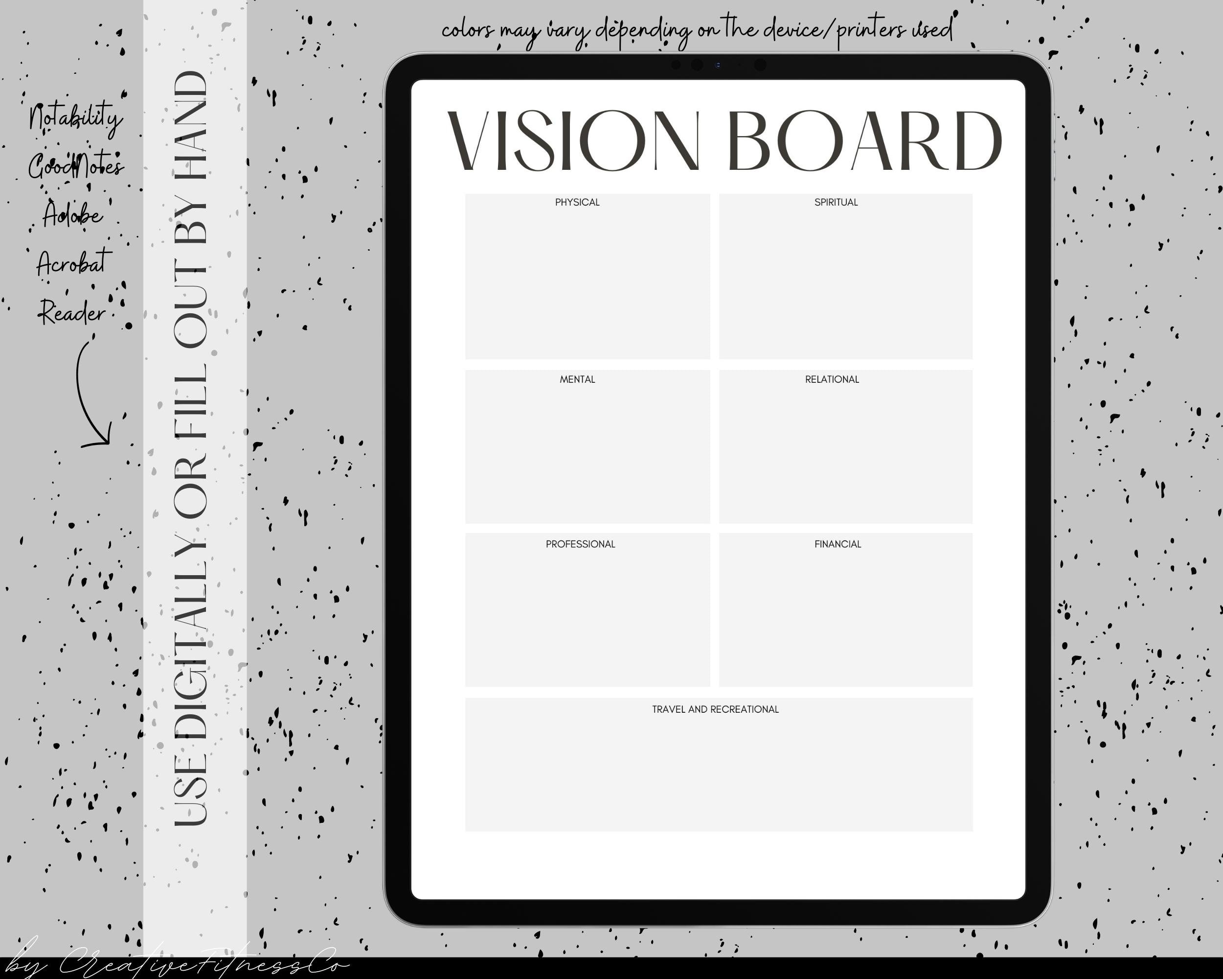 Vision Board Printable Template, Words and Visual Minimalist Worksheets ...